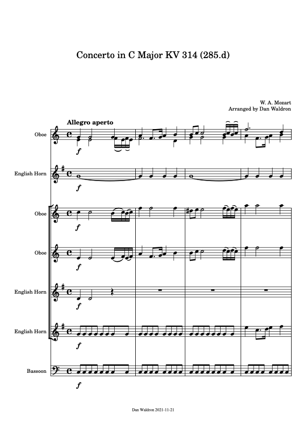 Mozart Concerto mvmt. 1 for double reed band – Dan Waldron Oboe Reeds